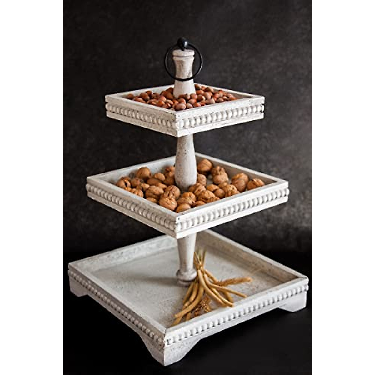KEFO Three Tiered Beaded Tray Decor Stand - 12 x 18 Inch Large White Wooden 3 Tiered Tray Stand - Decorative Rustic Distressed 3 Tier Tray Decor Table Centerpiece - Tiered Serving Tray for Home Decor