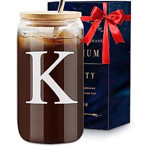 Elysine Initial Glass Cup 16oz, Monogrammed Gifts for Women, Glass Can Cup w/Bamboo Lid Straw,Personalized Valentines Mother Day Birthday Gifts for Women, Mom, Wife, Girlfriend, Sister, Friends (K)
