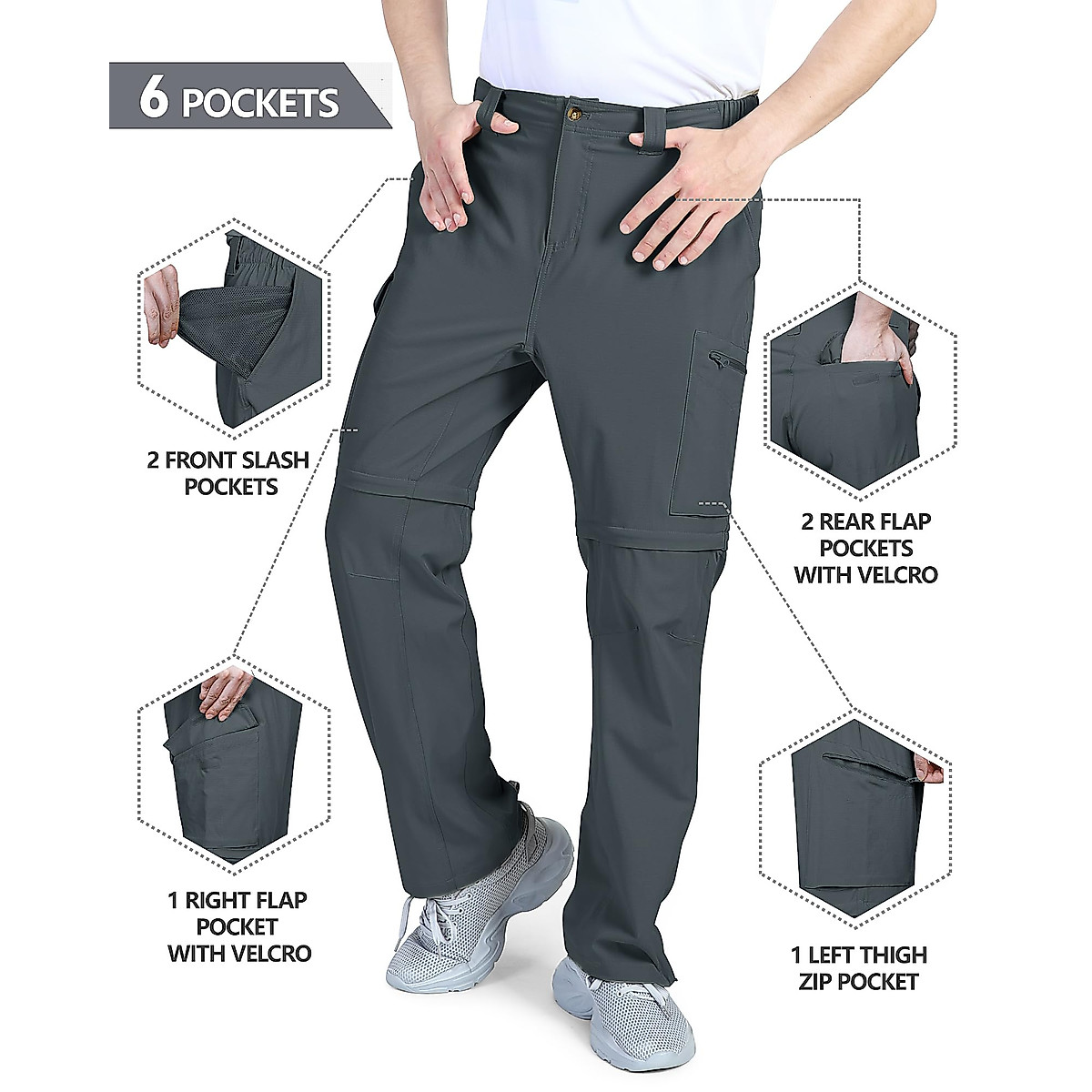 Outdoor Ventures Mens Hiking Pants Lightweight Quick Dry Convertible Pants, Stretch Zip-Off Cargo Pants for Travel Fishing Gery