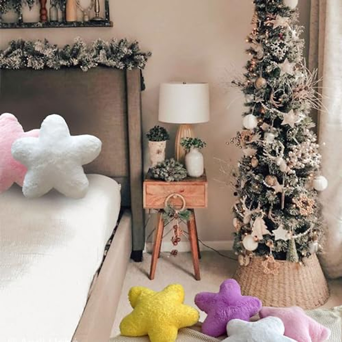 YRXRUS Star Pillows, White Star Shaped Pillow, Throw Pillow Gifts, Cute Christmas Room Decor, Fluffy Faux Rabbit Fur Pillow, 15x15 Inches Ultra Soft Pillow