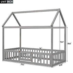 House Bed Twin Bed Frames for Kids,Wood Montessori Floor Bed with Fence and Door Design, Twin Floor Bed with Rails for Girls Boys, Grey Wash