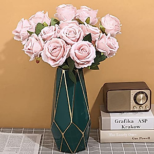 Cloudecor 15Pcs Artificial Roses Velet Real Touch Single Stem Fake Roses Silk Realistic Bouquet Flowers Arrangements Home Office Garden Grave Party Wedding Decoration(Light Pink-15p, Blossom Roses)