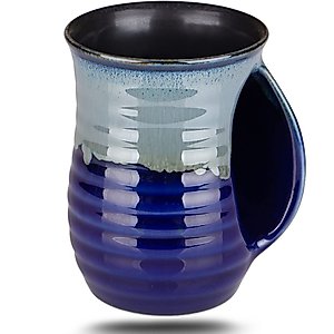 oojdzoo Hand Warmer Mug for Coffee Handmade Pottery (UPGRADED) - 16 Ounce Large Handwarmer Mugs Ceramic with Pocket Handles Gift for New Year Christmas, Keep Your Fingers Warming, Right Handed