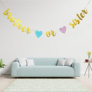 Swdthnh Gender Reveal Party Decorations - Glitter Letters Brother or Sister with Hearts Banner for Baby Shower Party Decorations, Gold
