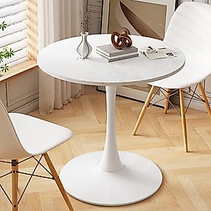 DKLGG 32" Modern Round Dining Table with Printed Marble Table Top, Metal Base Pedestal Table Tulip Table Kitchen Table for 2-4 Person for Small Space Home, End Table Leisure Coffee Table, Marble