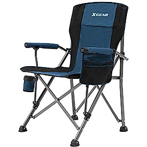 XGEAR Camping Chair Hard Arm High Back Lawn Chair Heavy Duty with Cup Holder, for Camp, Fishing, Hiking, Outdoor, Carry Bag Included (Blue)
