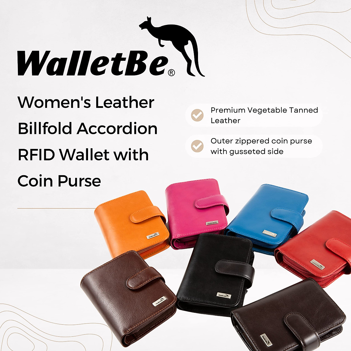 WalletBe Women's Wallet Leather RFID Coin Purse Billfold Accordion Brandy