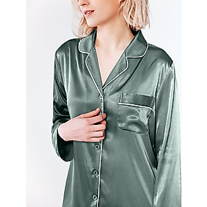 SIORO Womens Pajama Sets Silk PJ Satin Pijamas Two Piece Pants Set Sleepwear Loungewear PJS Plus Size, Greyish Green, X-Large