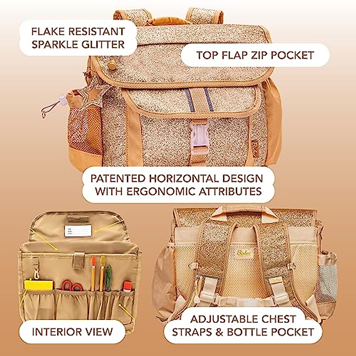 Bixbee Personalized Kids Backpack, Gold Sparkly Bookbag for Kids & Toddlers Ages 3+ 5-7 | Custom Backpack with Name for Boys & Girls | Water Resistant Monogrammed School Bag