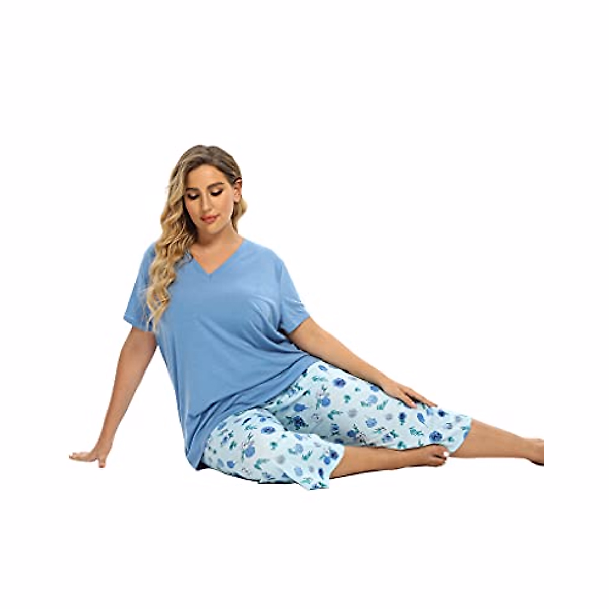 Vozanet Women's V Neck Sexy Pajama Sets Capri Sleepwear Floral Elegant Nighty 2PCS Plus Size S-3XL, Florals-Blue, XXX-Large