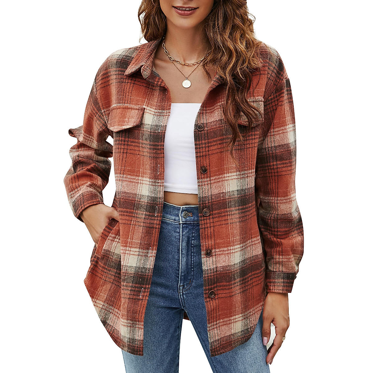 Blooming Jelly Flannel Shirts for Women Long Sleeve Plaid Shirt Shacket Jackets Fall Clothes 2023 (Small, Orange)