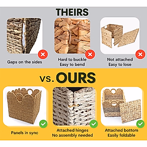 Scalloped Wicker Storage Cubes Basket, 12x12 Heavy Duty Hyacinth Baskets for Shelves, Foldable Natural Boho Square Bins (Renewable Paper Rope 4Pcs, 12x12in)