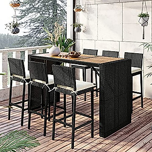 Outdoor Patio 7-Piece Rattan Dining Table Set, PE Wicker Bar Furniture Set with Wood Tabletop and 6 Dining Chairs for Backyard, Garden(Black2-7PCS)