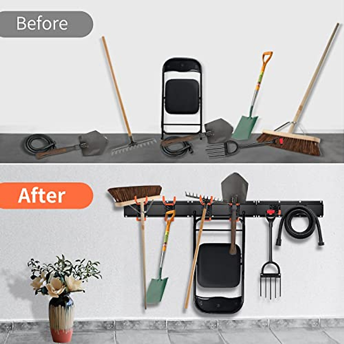 Oududianzi Garden Tool Storage Rack, Garage Tool Organizer Wall Mount, Garden Tool Rack with 6pcs Heavy Duty Steel Hooks, holder wall mount, Lawn tool storage, 48 Inch 3 Rails, Max Load to 500lbs