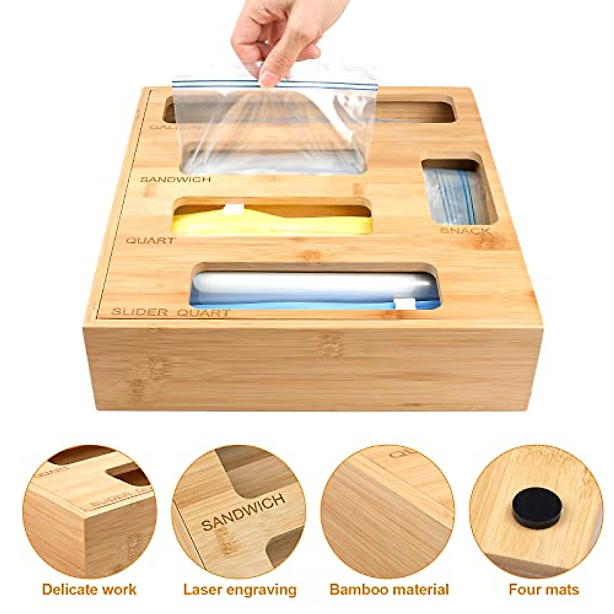DUJEN Bamboo Ziplock Bag Storage Organizer, Food Storage Bags Container Organizer with Slider, Kitchen Plastic Bags Storage Compatible with Gallon, Quart, Sandwich & Snack Variety Size Bags