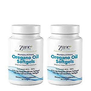 Zane Hellas Oregano Oil Softgels. Extra Strength. Every Softgel Contains 15% Greek Essential Oil of Oregano. 64 mg Carvacrol per Softgel. 60 Softgels. Pack of 2