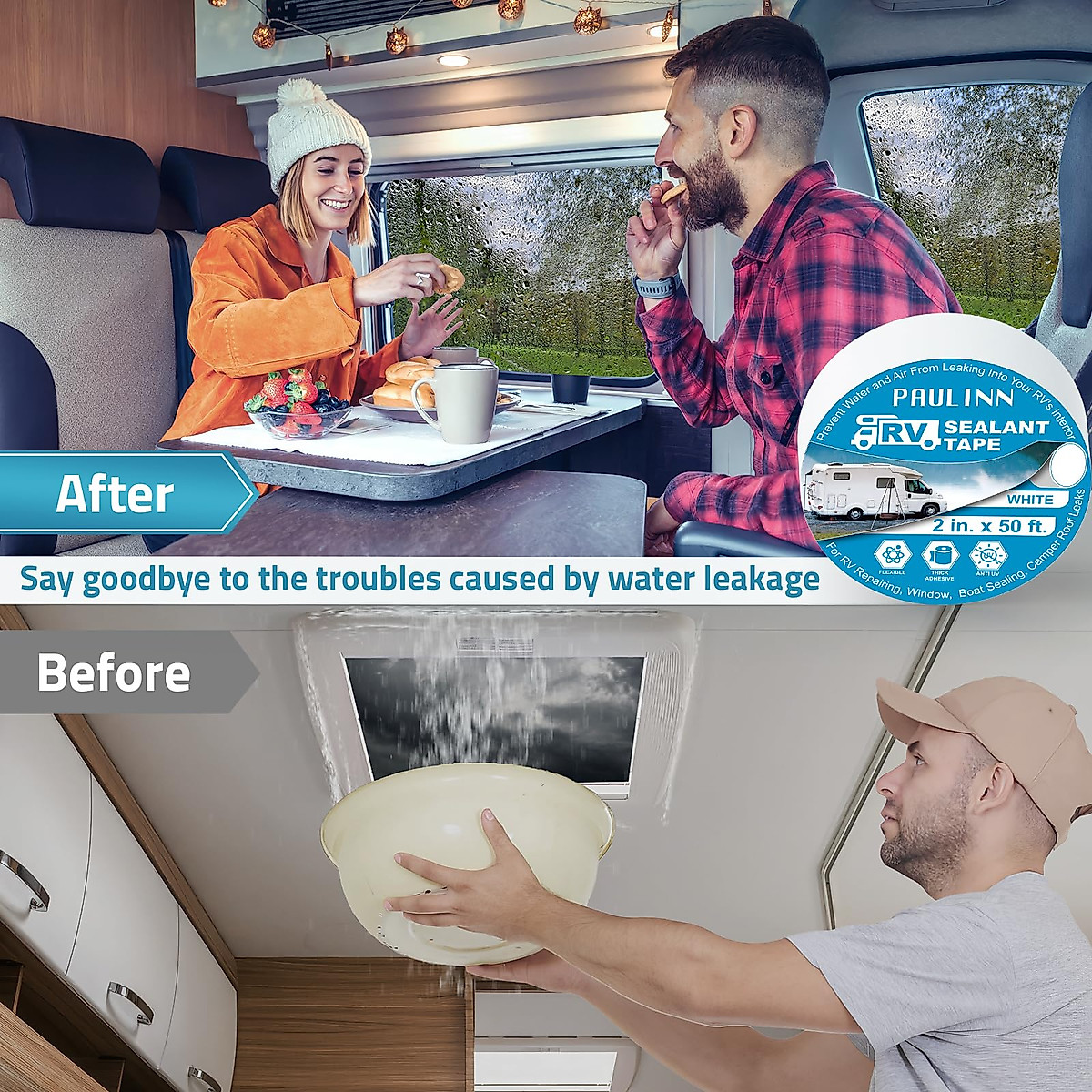 PAULINN RV Camper Roofing Repair Sealant Tape, 2 Inch X 50 Foot Natural White Trailer Roof Rubber Sealing Tape, UV & Weatherproof Roof Seal Tape for RV Camper Trailer Boat Sealing Leak Repair