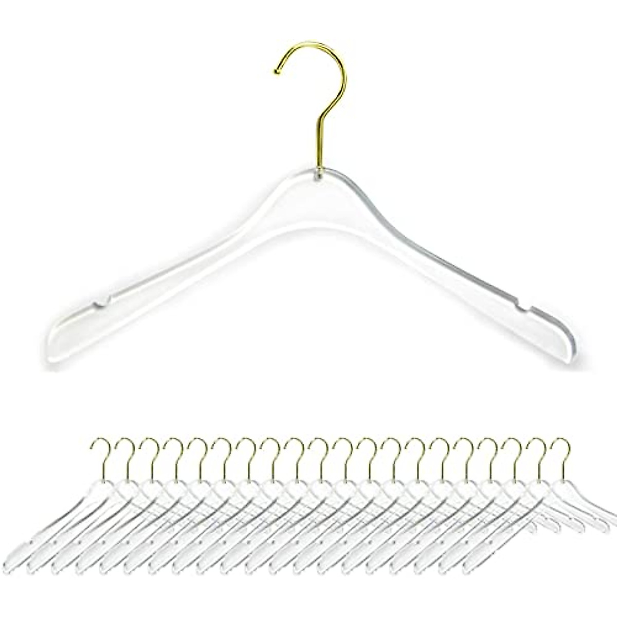 Nisorpa Clear Acrylic Hangers, 20 Pack Clear Non-Slip Hangers with Golden Chrome Steel Hook, Clothes Hangers Space Saving Hanger for Dresses Suit Jacket Sweater Blouse