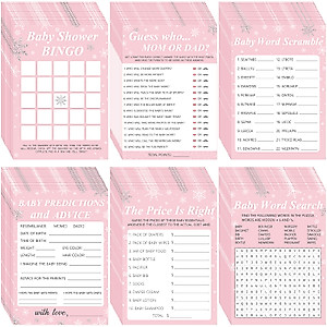 Harloon 302 Pcs Winter Snowflake Baby Shower Games, 6 Games, 50 Sheets Each, Baby Shower Bingo, Word Scramble, Word Search, Baby Predictions and Advice, The Price is Right, Guess Who (Pink)