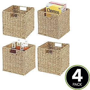 mDesign Seagrass Woven Cube Storage Bin Basket Organizer with Handles for Kitchen Pantry, Cabinet, Cupboard - Shelf and Cubby Organization, Holds Food, Drinks, Snacks, Appliances - 4 Pack, Natural/Tan