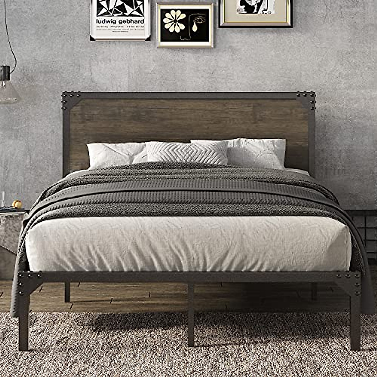 Allewie Queen Size Bed Frame with Wood Headboard, Metal Platform Frame with Strong Slats and Rivet Decoration, Easy Assembly, No Box Spring Needed, Noise Free, Brown
