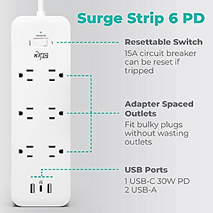 KMC USB-C PD Surge Protector 6-Outlet Power Strip, 30W Power Delivery USB-C Port, 2 USB-A Ports, 980J Surge Protection, 4-Foot Extension Cord, White