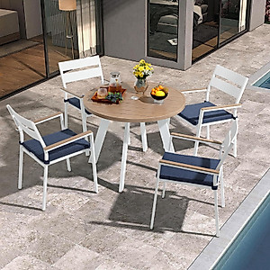 JOIVI 5 Piece Outdoor Dining Set, Aluminum Patio Furniture Dining Table and Stackable Chairs Set for 4 People, 2.05” Umbrella Hole with Wood Grain Tabletop, for Deck, Backyard, Navy Blue Cushions