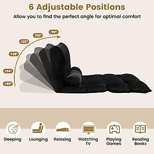 KOMFOTT Foldable Floor Lazy Sofa with 2 Pillows, 6-Position Adjustable Reclining Sofa Sleeper Bed, Convertible Futon Couch Bed, Floor Couch Lounge for Relaxing, Reading, Playing, Gaming (Black)