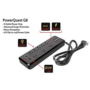 AudioQuest PowerQuest G8 – 8-Outlet Surge Protector with USB-A and USB-C Charging Ports - Perfect for TV, AV Receiver, Xbox, Playstation, Soundbar, Computer, and Home Office