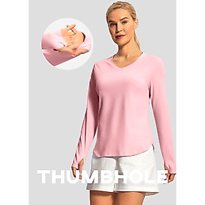 Hiverlay Long Sleeve Workout Shirts for Women V Neck UPF 50+ Athletic Shirts with Thumbhole Running Loose Active T-Shirts Pink s