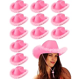 Tarpop 12pcs Cowgirl Hat Bulk with Feather Boa Cowgirl Hat for Women Wedding Bachelorette Party Costume Accessory(Pink)