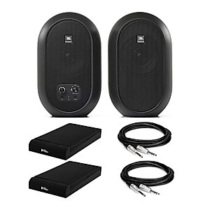 JBL 104-BT Compact Desktop Reference Bluetooth Monitors (Pair) Bundle with Isolation Pads and Hosa HSS-005 1/4-Inch TRS Cables (4 Items)