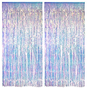 Iridescent Party Streamers Backdrop - GREATRIL Neon Transparent Holographic Tinsel Foil Fringe Curtain for Mermaid/Frozen/Sea/Euphoria/ERAS Party Theme Decorations 2 PCS