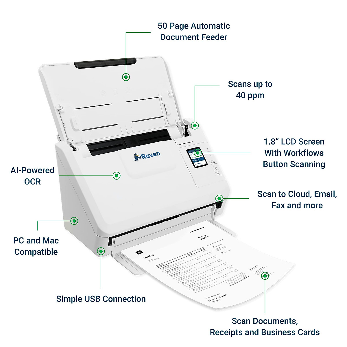 Raven Select Document Scanner for Windows PC and Mac Computer, Color, Two Sided Duplex, Auto Document Feeder (ADF), Scan to Cloud, Home or Office Desktop, USB