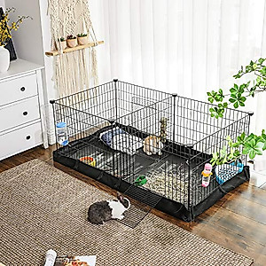 SONGMICS Pet Playpen, Small Animal Cage, Exercise Pen and Enclosure with Divider Panel for 2 Separate Spaces, Floor Mat and 3 Doors, 48.4 x 24.8 x 18.1 Inches, Black ULPI07H