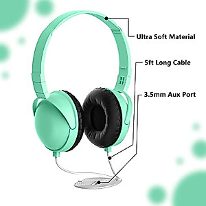 Bulktech 718 On-Ear Wired Headset for Children - Stereo Sound, Tangle-Free 5ft Long Cord with 3.5mm Jack, Compatible with Kindle, Fire, Tablets, and Suitable for School, Travel - 1 Pack Green