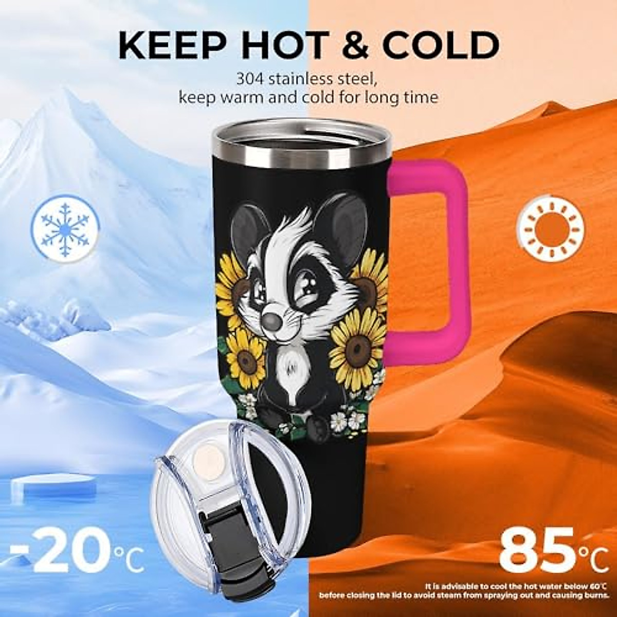 Skunk Sunflowers 40 Oz Tumbler Insulated Stainless Steel Water Bottle Travel Mug Car Cup with Handle And Straw