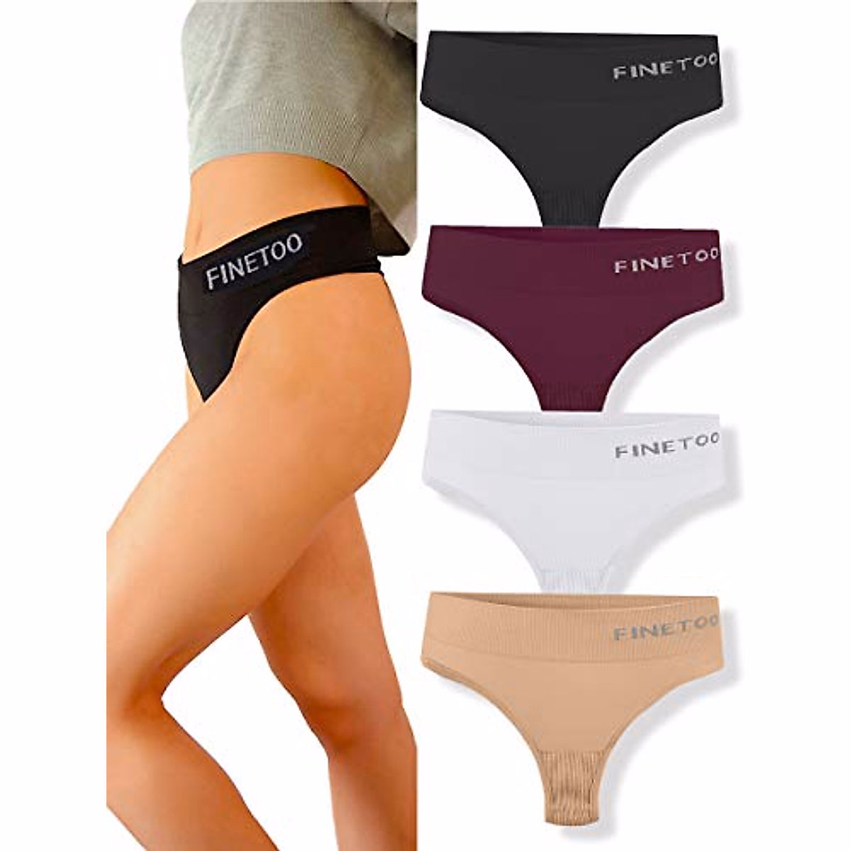 FINETOO 4 Pack High Waist Thongs for Women Breathable Underwear Soft Stretchy Nylon Spandex No Side Seam Panties(L)