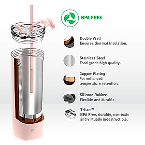 asobu Aqualina Stainless Steel Insulated Water Bottle with Interchangeable Hot and Cold Lid and Built in Straw (Pink)