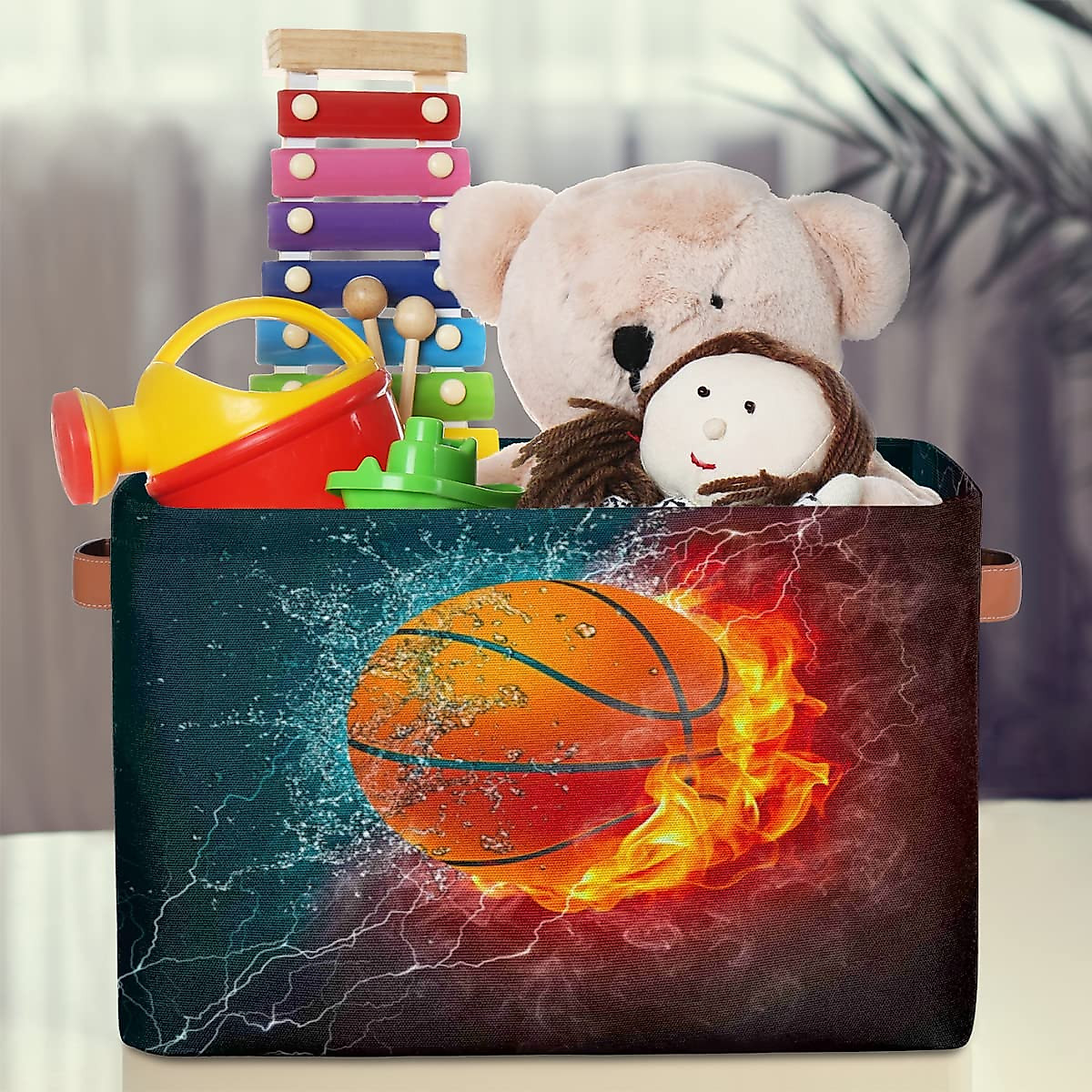 Firey Basketball Storage Basket Cube Sport Ball Large Toys Storage Box Bin with Handle Collapsible Closet Shelf Cloth Organizer for Nursery Bedroom,15x11x9.5 in,1 Pack