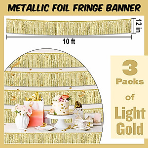 3 Pack 10 Ft Light Gold Foil Fringe Garland Metallic Streamers Tinsel Banner Wall Hanging Garland Backdrop for Parade Floats, Halloween, Christmas, Thanksgiving, New Year Party Decorations