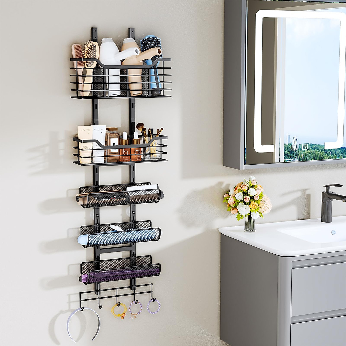 Consmest 6-Tier Hair Tool Organizer - Hair Dryer Holder Over The Door/Wall Mounted DIY Adjustable Shelf Bathroom Hair Styling Tool Organizer with Hook for Curling Iron/Blow Dryer/Straightener Black