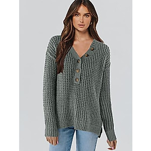ANRABESS Womens Oversized Sweater Long Sleeve Loose V Neck Button Jumper Casual Waffle Side Slit Knit Pullover 2024 Clothes X-Large Gray Green