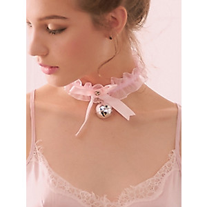FXmimior Lace Choker See-through Bell Pendant Necklace Sexy Women Accessories (pink)
