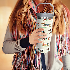 Dachshund Tumbler Gifts with Handle and Straw, Stainless Steel Vacuum Insulated Flip Straw Dachshund Tumblers, Spill Proof Coffee Travel Mug Dachshund Lovers Gifts 30oz