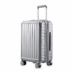 LUGGEX PC Carry On Luggage 22x14x9 Airline Approved - Expandable Hardside Luggage with Spinner Wheels - 4 Metal Corner Hassle-Free Travel (Silver Suitcase)