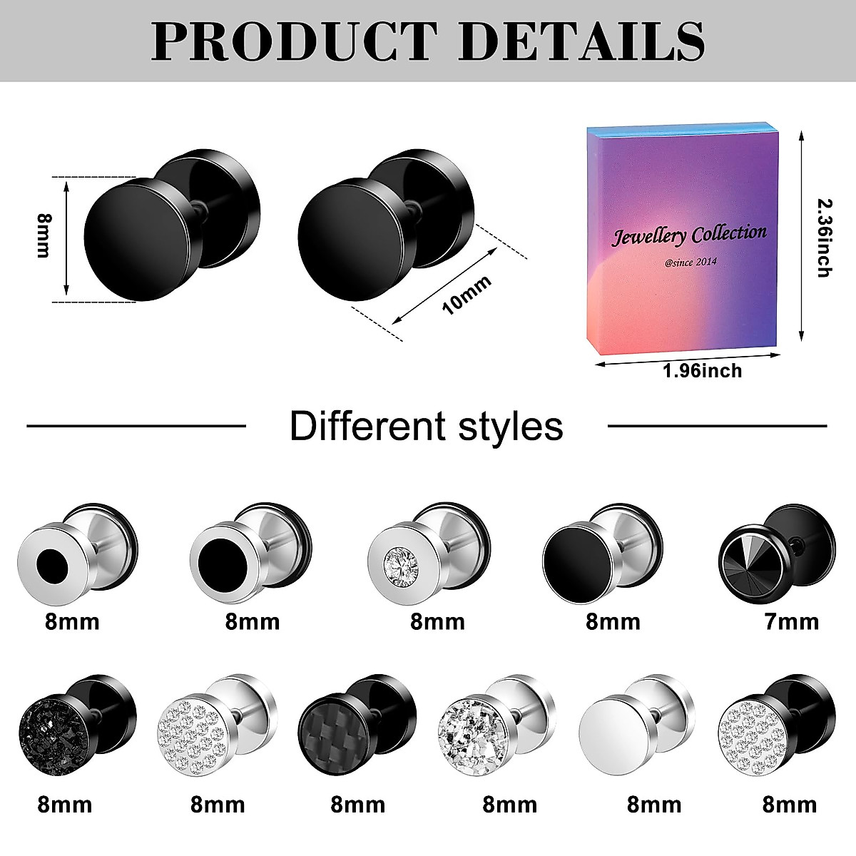 ONESING 12 Pairs Faux Gauge Earrings for Men Black Stud Earrings Silver Mens Earrings Faux Plugs Stainless Steel Earrings Set with Gift Box