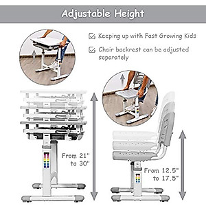 BABY JOY Kids Desk and Chair Set, Height Adjustable Child Desk Set w/Tilt Desktop, Pull Out Drawer Storage, Metal Hook, Multifunctional School Student Study Desk Chair for Boys & Girls (Grey)