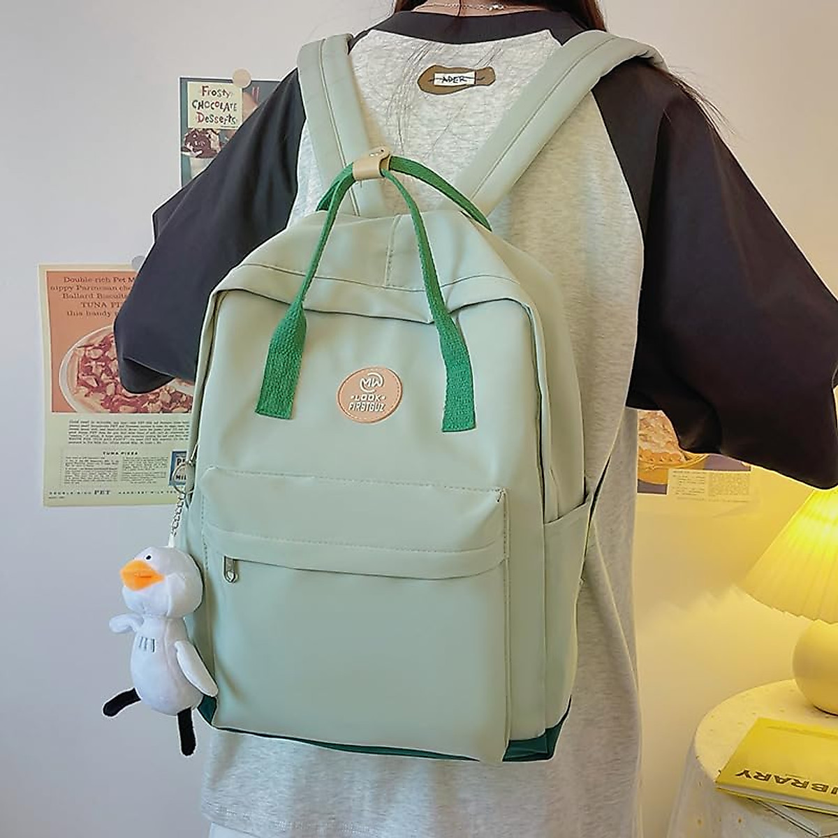 Splendrive Cute aesthetic backpack with cute duck accessories Christmas gift Outdoor Daypack (Green)