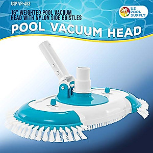 U.S. Pool Supply 16" Weighted Pool Vacuum Head with Nylon Side Bristles, Swivel Hose Connection, EZ Clip Handle - Connect 1-1/4", 1-1/2" Hose - Scrub Clean, Remove Debris - Safe for Vinyl Lined Pools